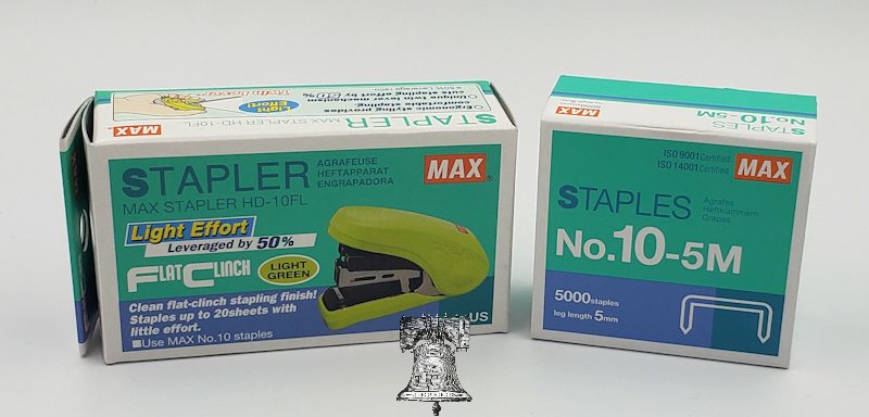 MAX Flat Clinch Ergonomic Stapler & 5000 Mini 10-5M Staple Coin Holder ...